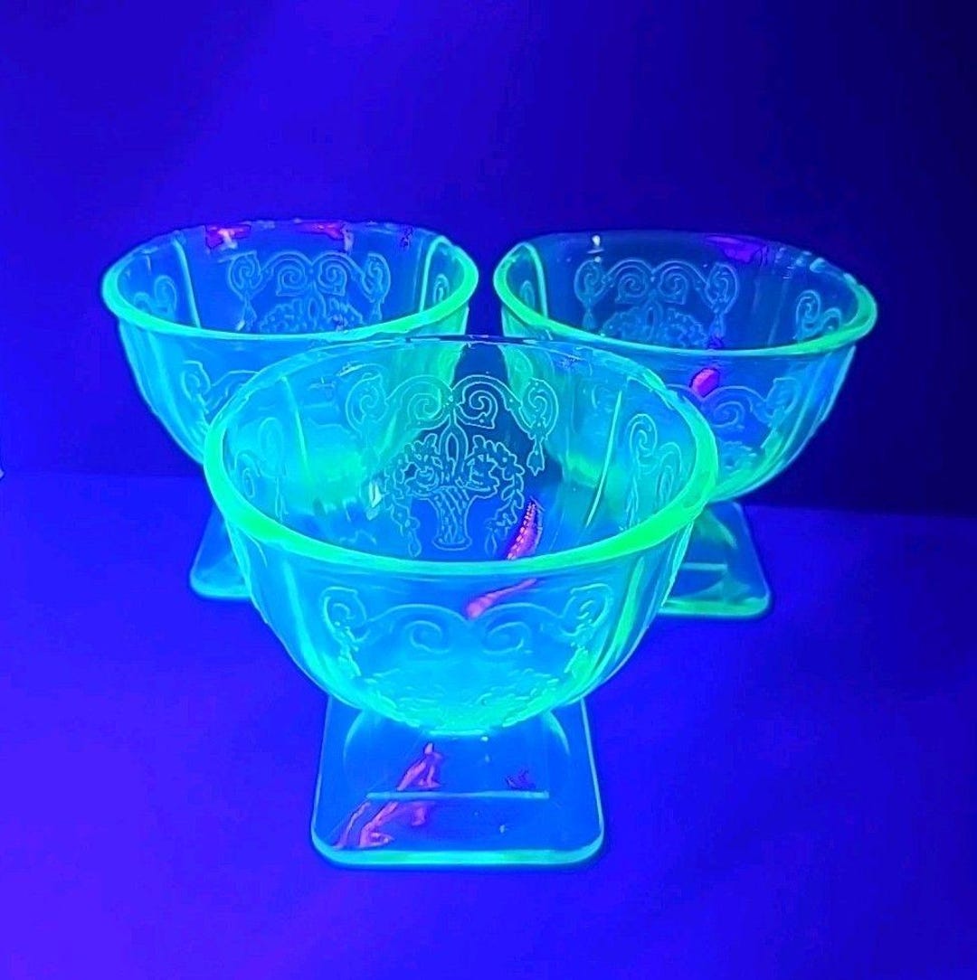 3 Vintage 1930's Green Uranium Glassware Lorain Basket Pattern Sherbet ...