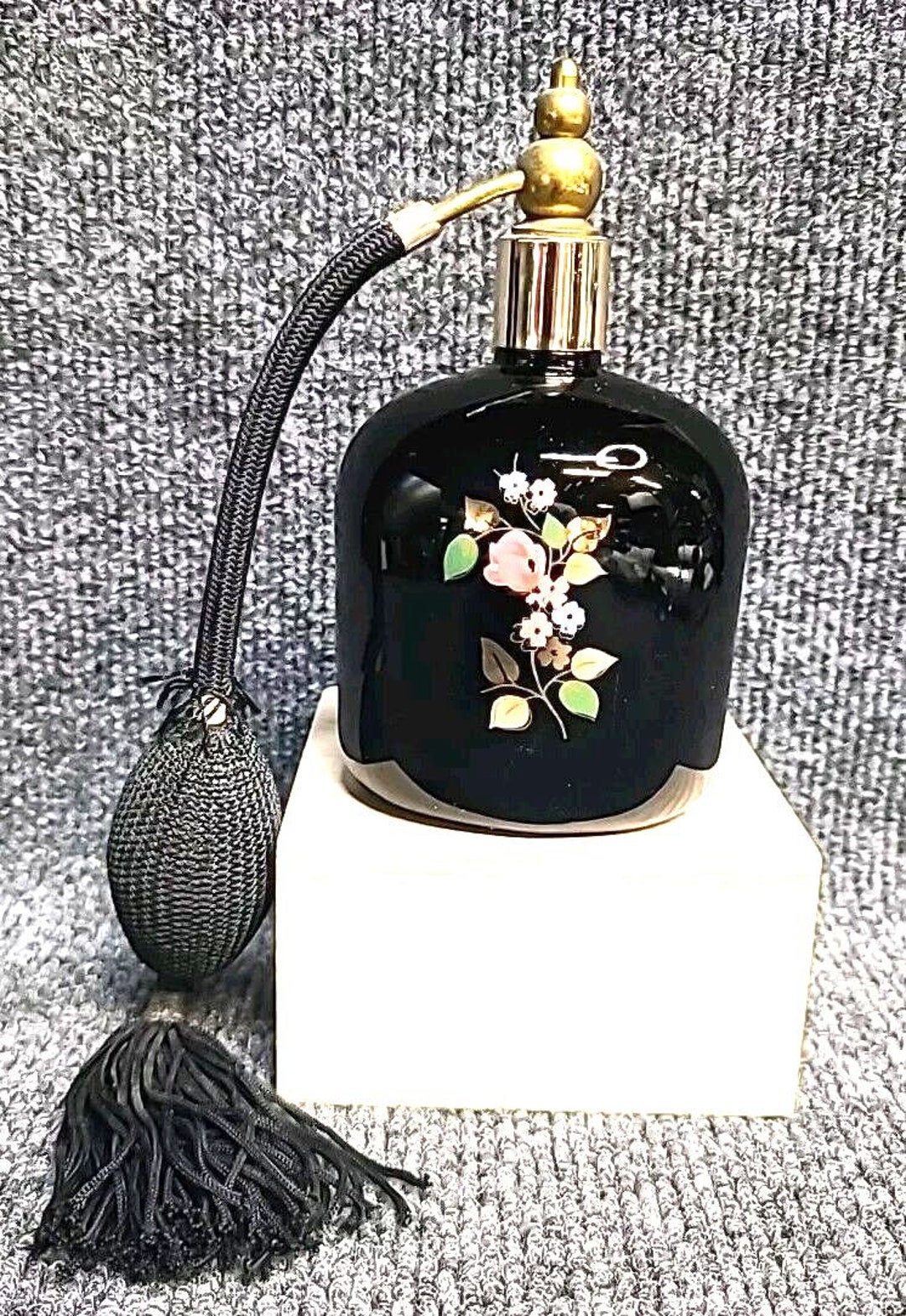 Vintage Perfume Spray Bottle Atomizer Black Glass Floral Painted 5 1/4 ...