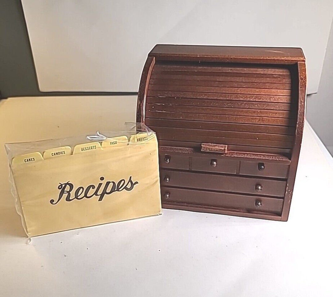 Vintage INTERPEUR Mini Roll Top Desk Wooden Recipe Box With Cards - Etsy