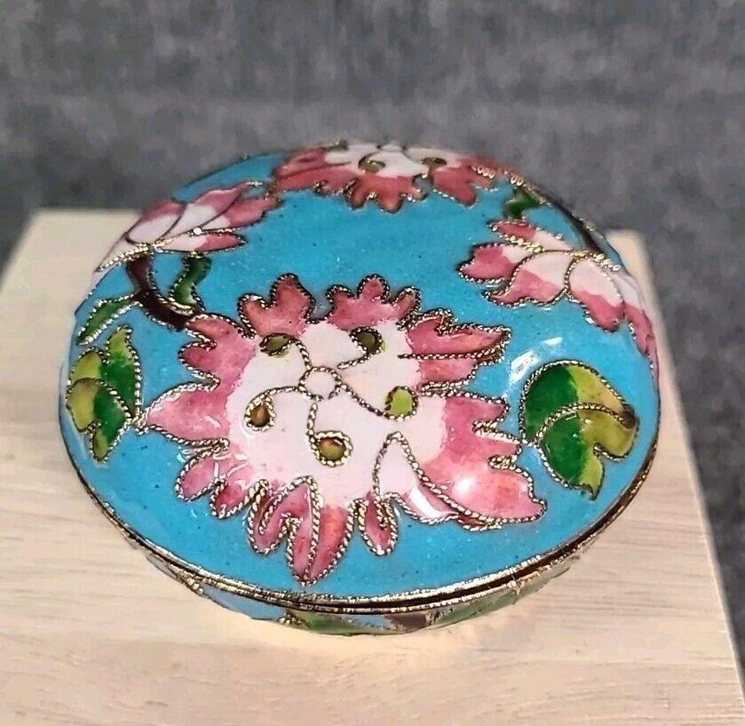 Vintage Cloisonne Small Round Enameled Trinket Box Blue Floral 2.75 In ...