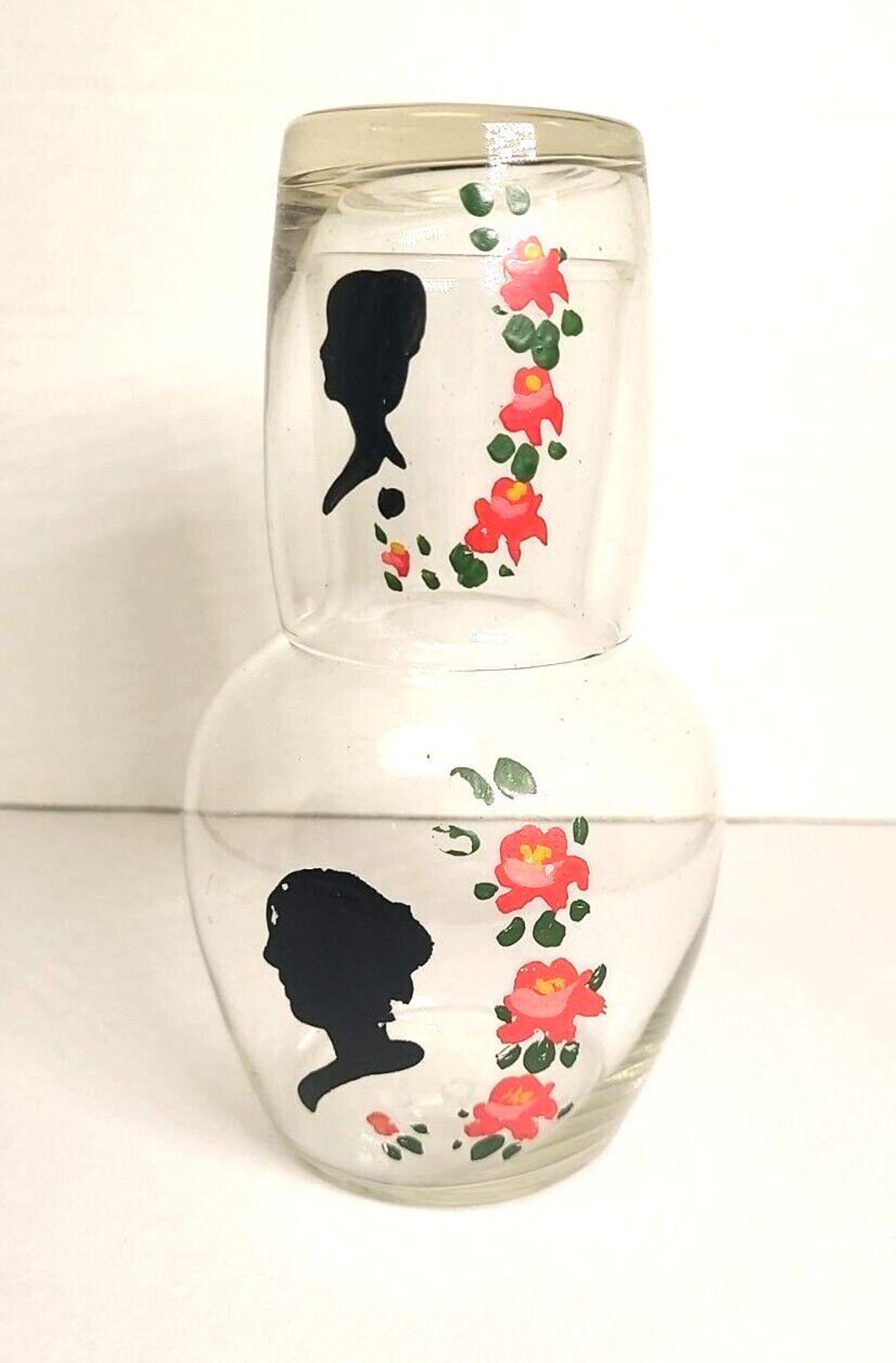Vintage Glass Tumble up Set Bedside Carafe & Cup Hand Painted Flowers ...