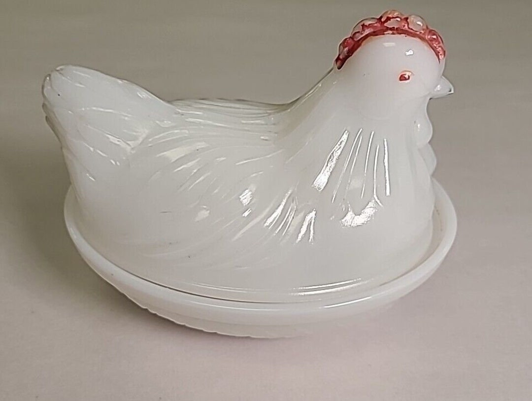 Vintage White Milk Glass Hen Sitting on Nest, Covered Bowl, Chicken ...