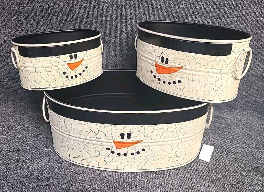 Set of 3 Snowman Metal Buckets Handles Crackled Painted Nesting ...