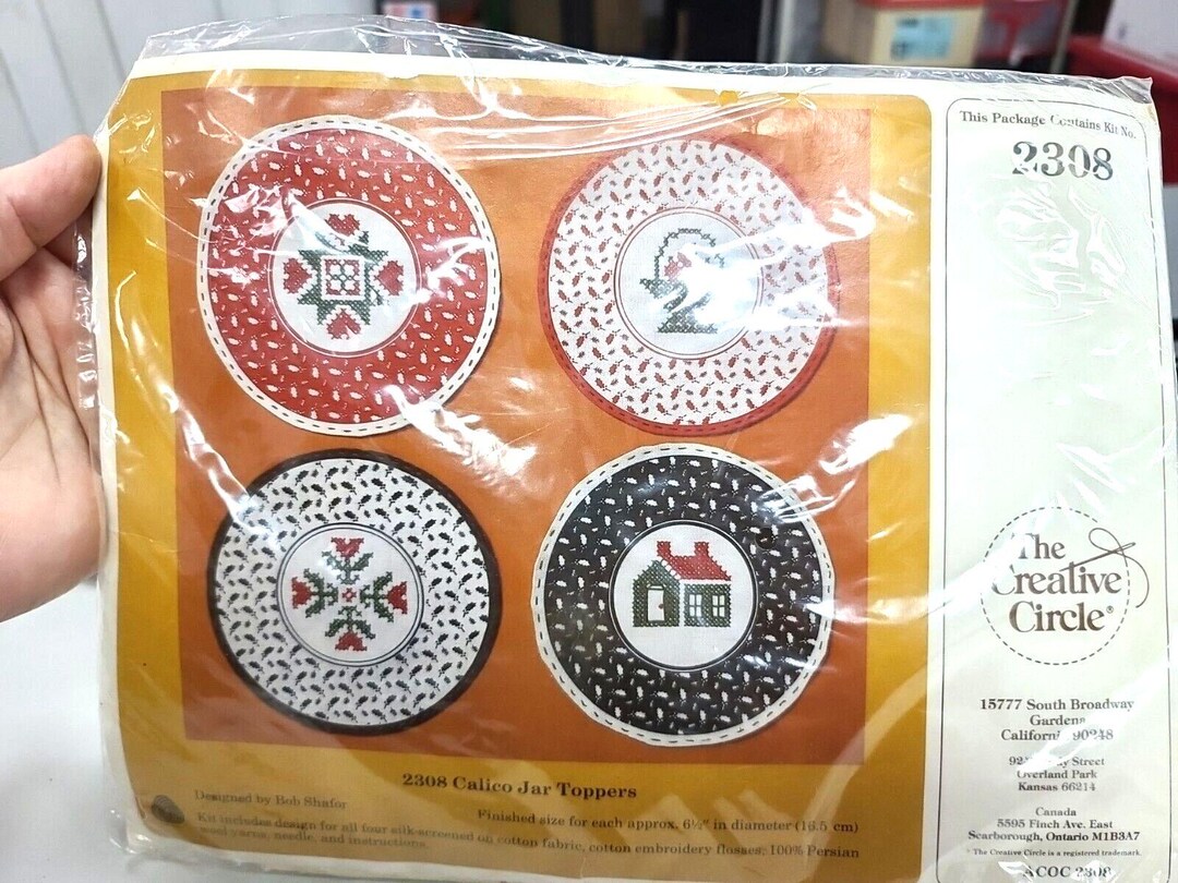 VTG NEW Creative Circle #2308 Calico Jar Toppers - Stamped Cross Stitch ...