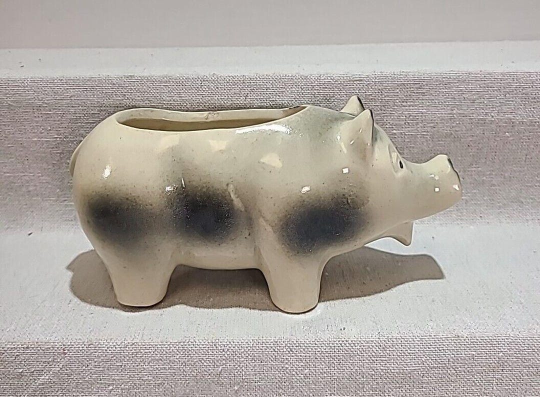 Vintage Ceramic Pig Planter White W/ Black Spots MCM Retro Kitchy Piggy ...