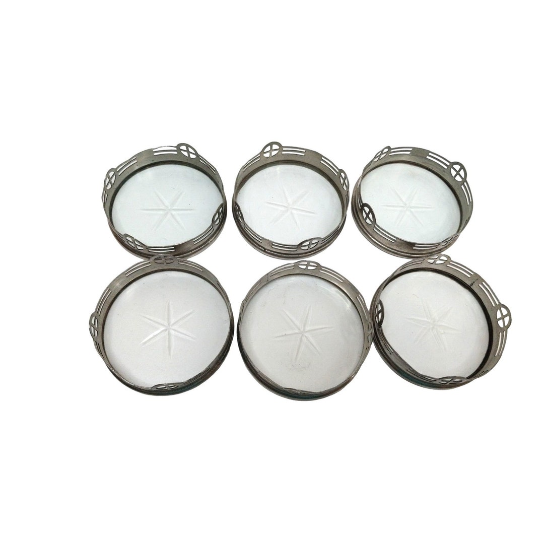 Vintage BMF Art Deco MCM Silver Rimmed Glass Coasters Atomic Star ...