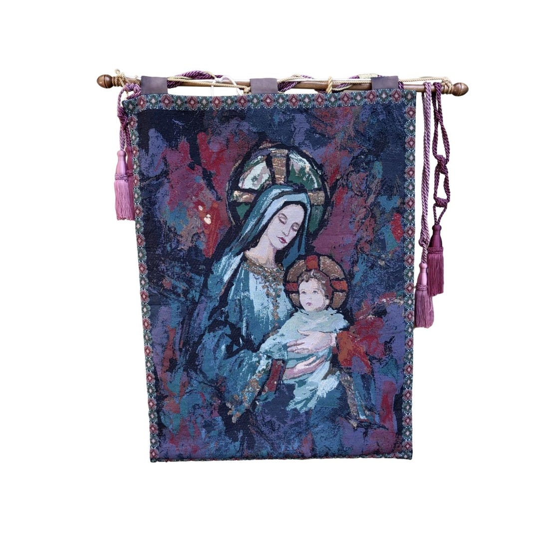 Madonna and Baby Jesus Woven Tapestry Wall Hanging With Tassels and ...