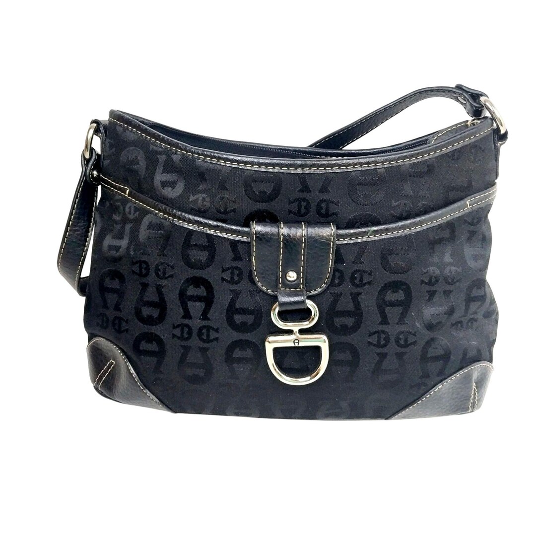 Aigner Black Jacquard Signature Logo Shoulder Bag With Magnetic Snap ...