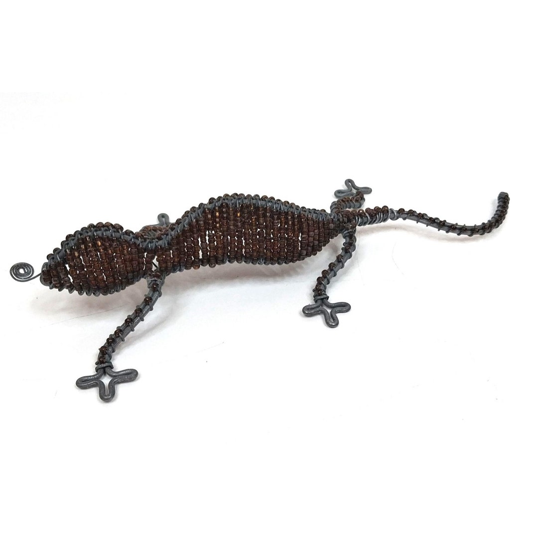 Artisan Handmade Beaded Wire Lizard Gecko Sculpture Orange Brown Home ...