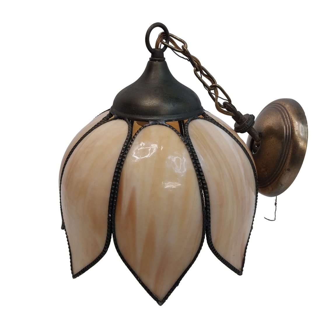 Vintage 8 Panel Cream Caramel Slag Glass Tulip Hanging Light Fixture W ...