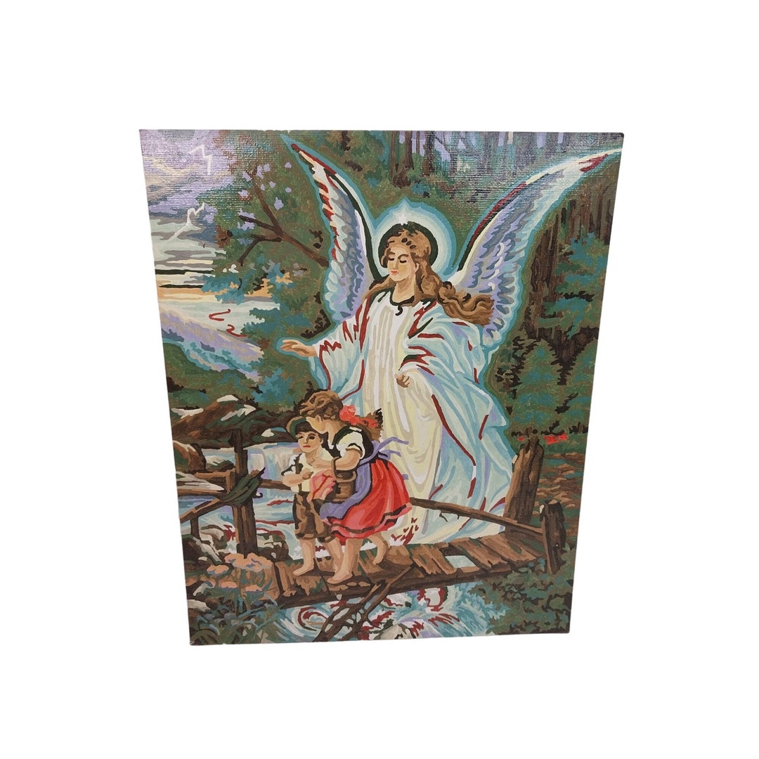 Vintage Finished Paint by Numbers Guardian Angel Print on Canvas 16" X ...