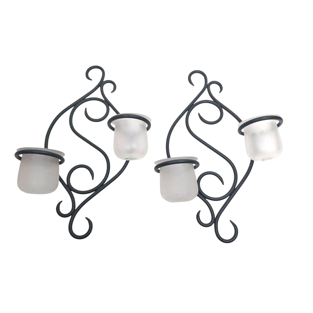Partylite Scroll Candle Holders Frosted Glass Votive Cups Wrought Iron ...