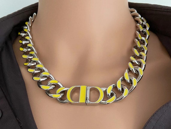 Dior Silver tone and Yellow Enamel Choker Necklace Large Links Box Complete Superb Etsy Norway