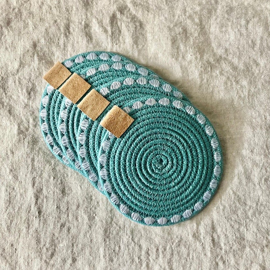 Teal Rope Coasters With Decorative Stitching - Etsy