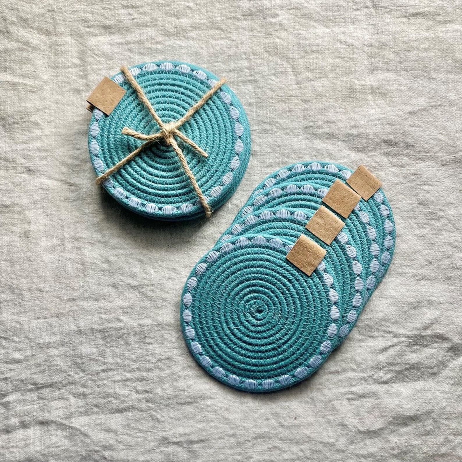 Teal Rope Coasters With Decorative Stitching - Etsy