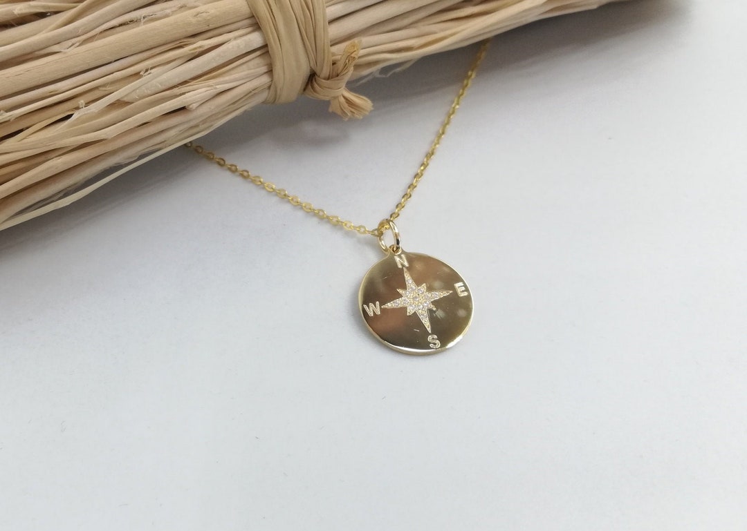 Diamonds 14K Solid Gold Compass Necklace, Compass Jewelry, Compass Gift ...