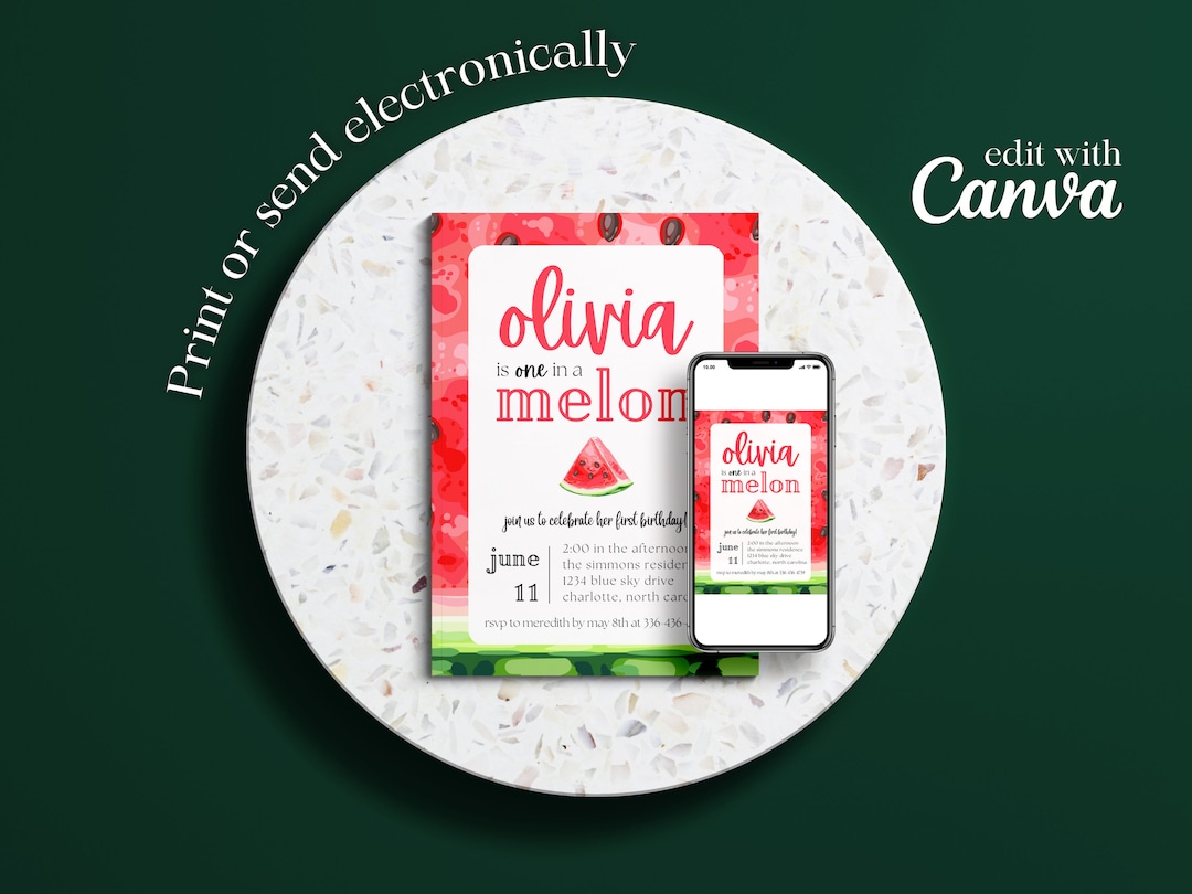 EDITABLE One in a Melon Birthday Party Invitation, Watermelon Theme ...
