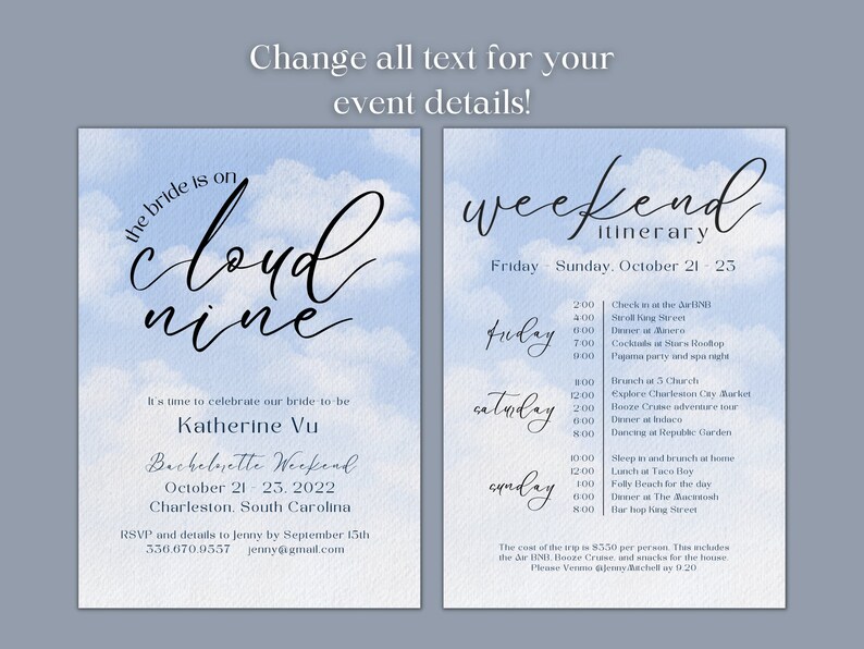 EDITABLE the Bride is on Cloud Nine Bachelorette Invitation and ...
