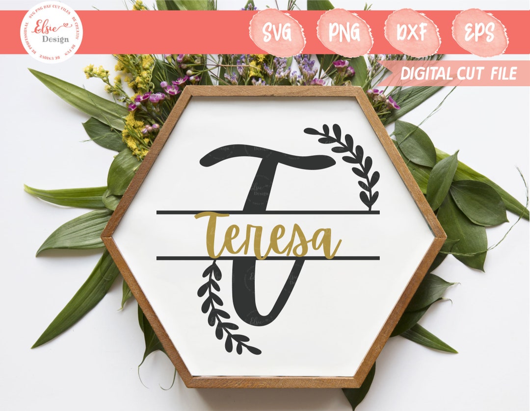 Handlettered Split Monogram Letter T Svg | Split Letter Svg | Wreath ...