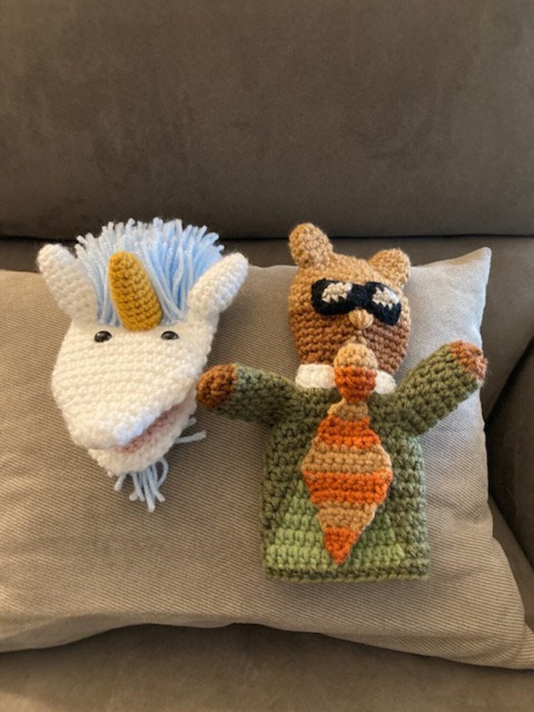 1 Set of Crocheted Unicorse and Lawyer (bluey) Puppets for Toddlers ...