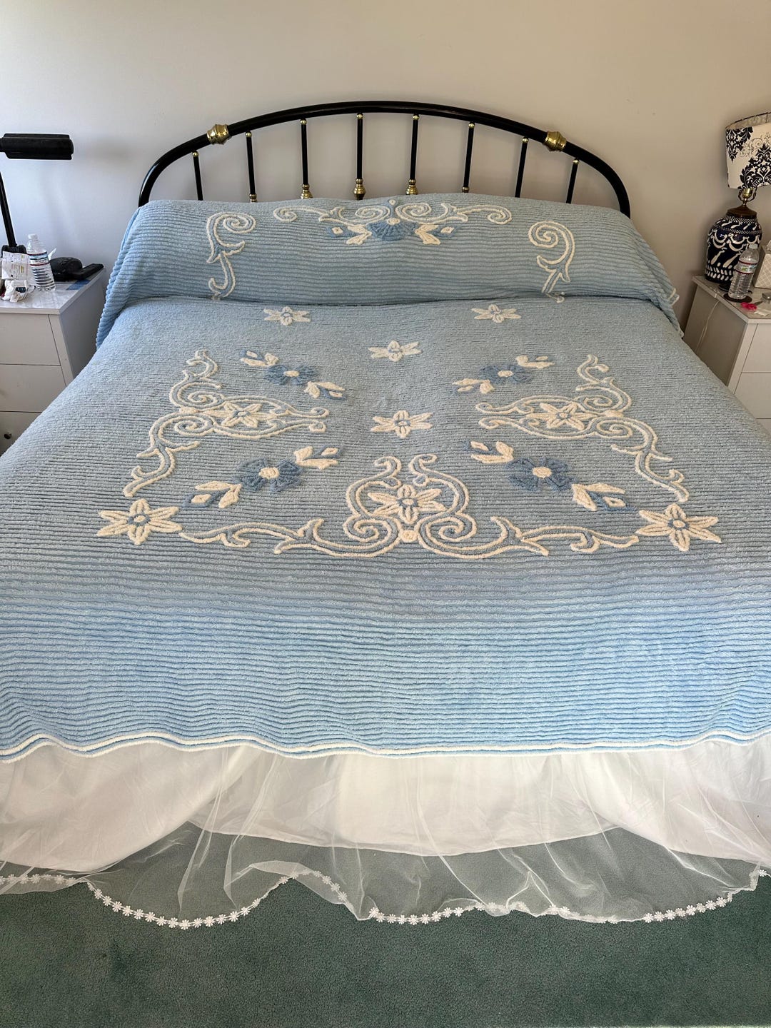 Vintage Powder Blue Chenille Bedspread: Floral Mid-century Bed Cover - Etsy