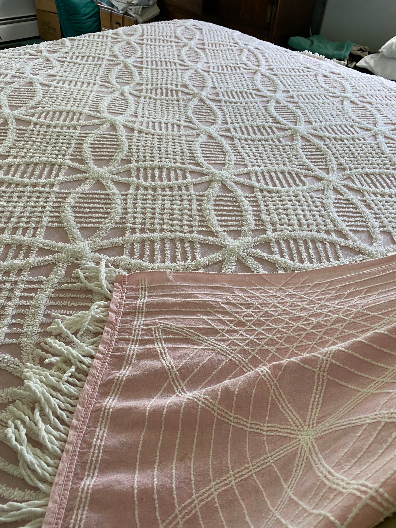 Vintage Chenille Bedspread Pink Penny's Fashion Manor Double Wedding ...
