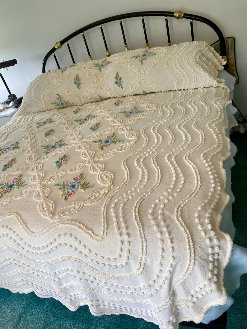 Vintage Morgan Jones Chenille Bedspread: Blue Cabbage Rosebud Scalloped ...