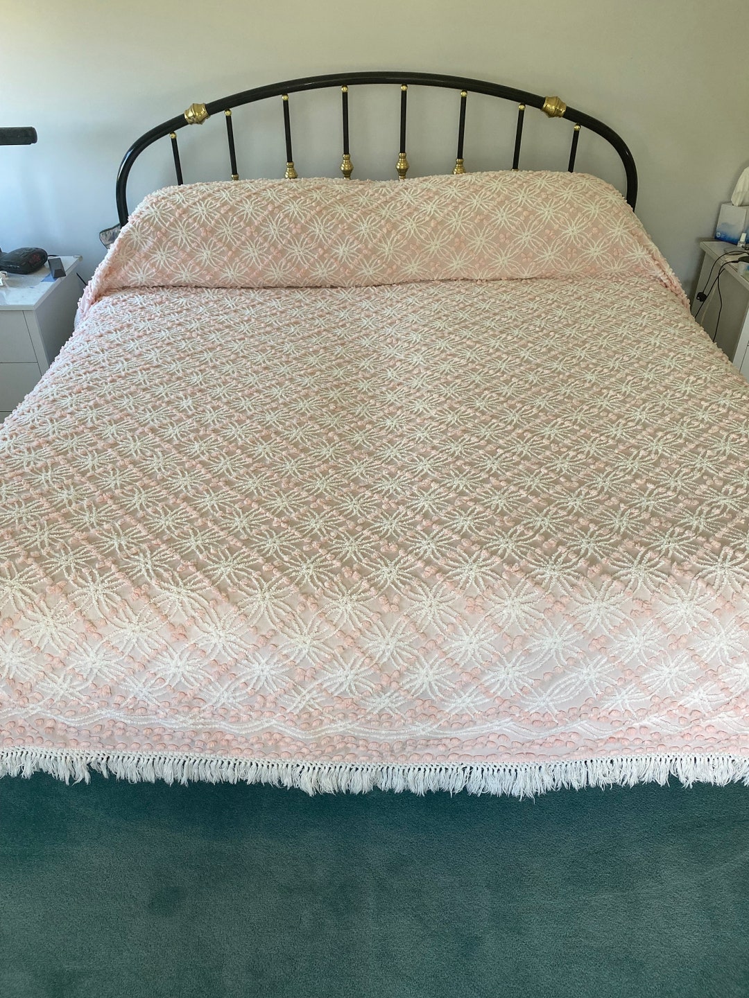 Vintage Chenille Bedspread Cabin Crafts Baby Pink Starburst Chenille ...