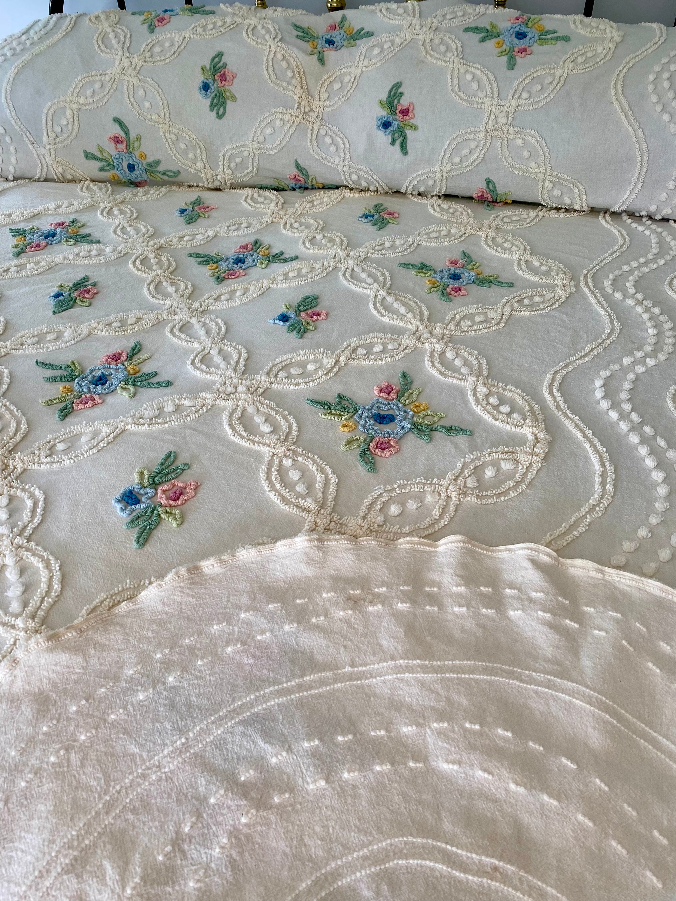 Vintage Morgan Jones Chenille Bedspread: Blue Cabbage Rosebud Scalloped ...