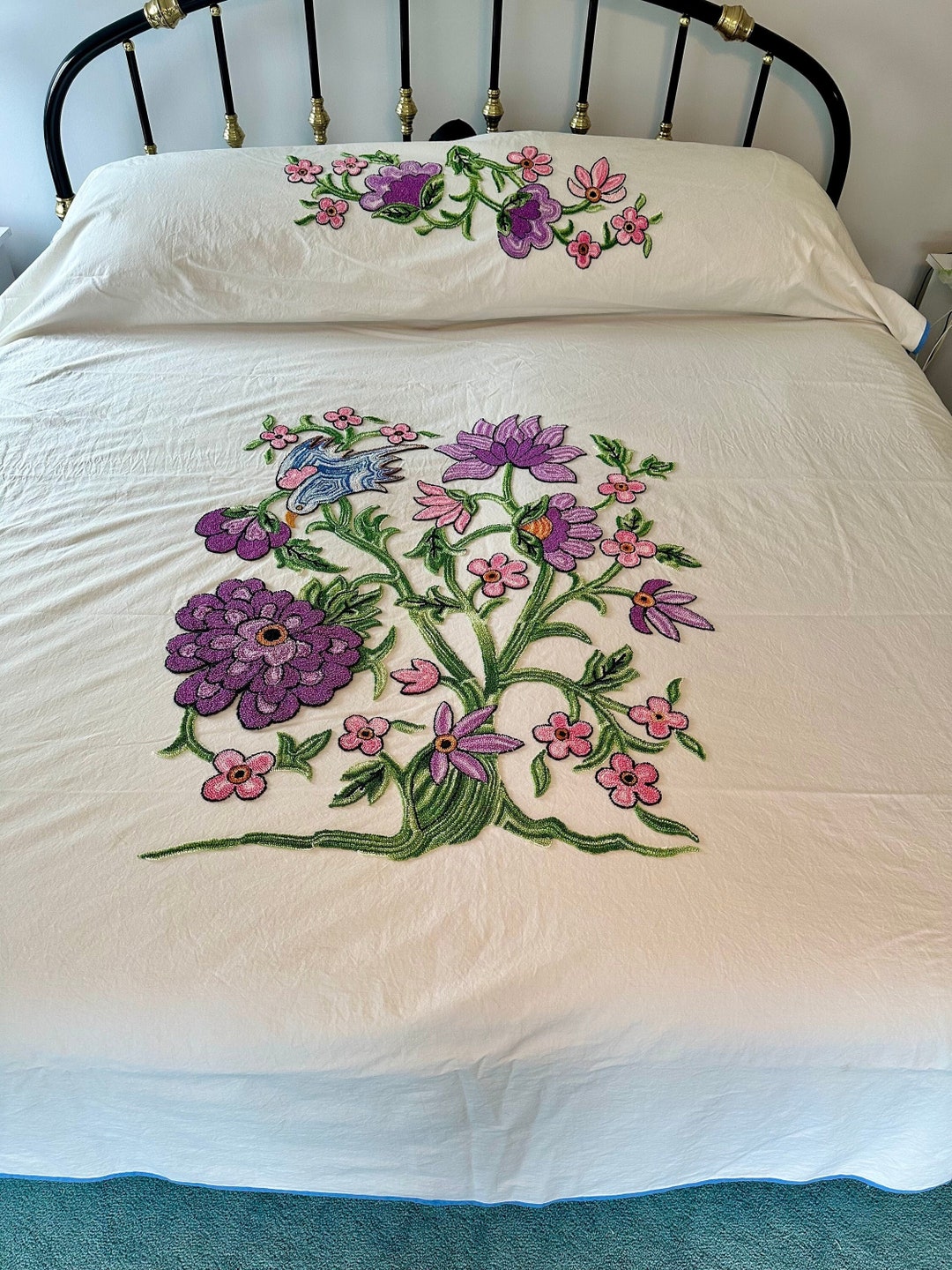 Vintage Crewel and Candlewick Violet Florals and Bluebird Chenille Coverlet/bedspread EUC - Etsy