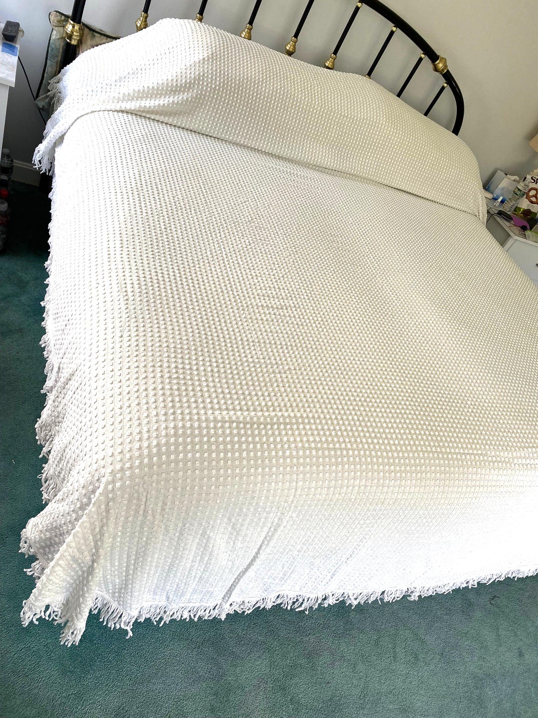 Vintage Morgan Jones Chenille Bedspread: Cream Ivory Lurex Silver Pops ...