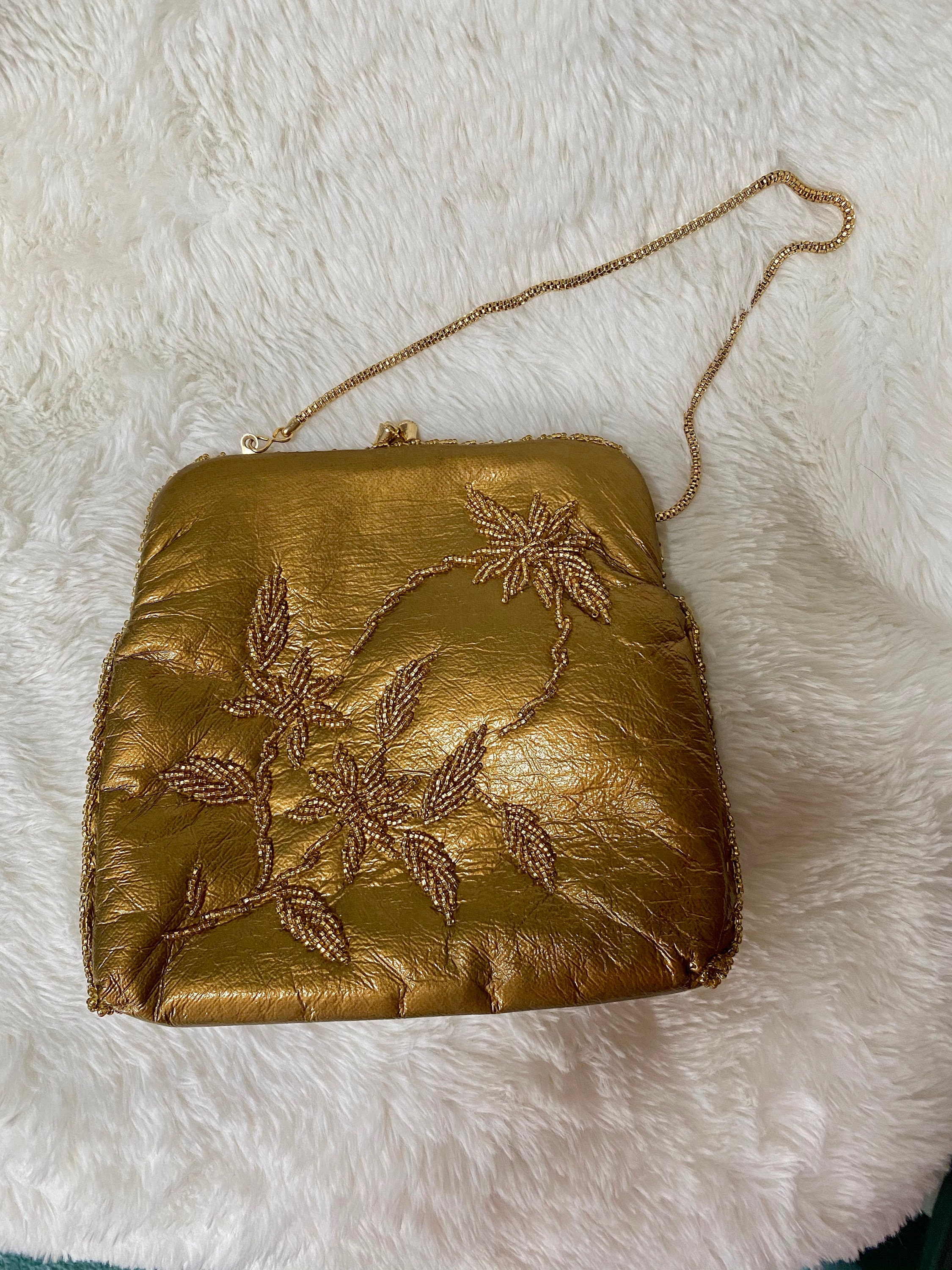 Vintage Gold Leather Purse Clutch Bag Satchel With Gold Beads Made in ...