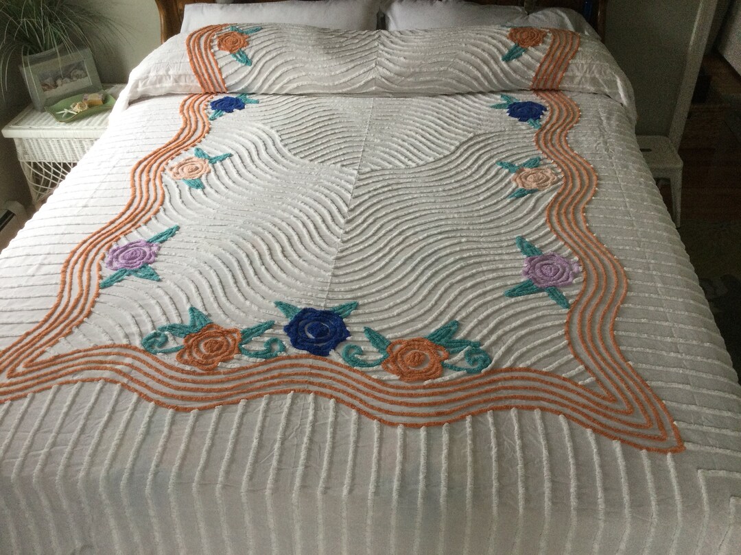 Vintage Chenille Bedspread Blue and Orange Florals on Bright White ...
