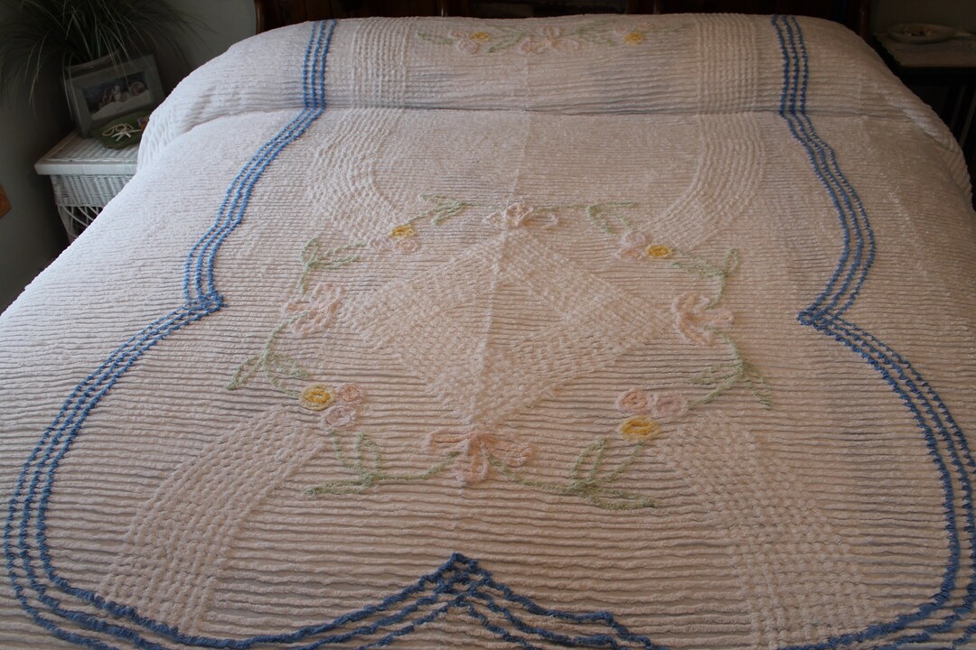 Vintage Chenille Bedspread Blue and Pastel Botanical Chenille Bedspread ...