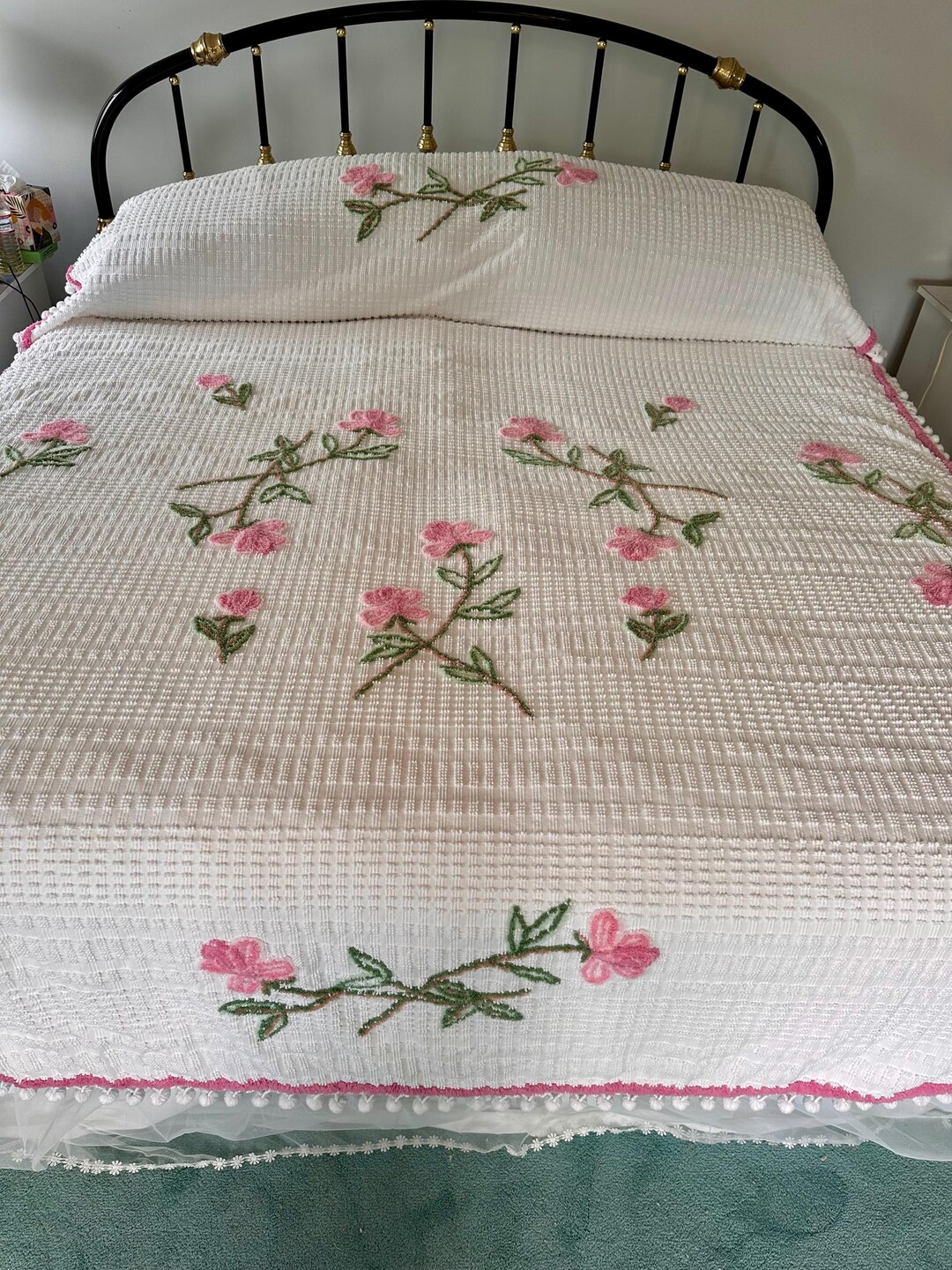 Vintage Pink Rose Chenille Bedspread: Mid Century Geometric Desi - Etsy