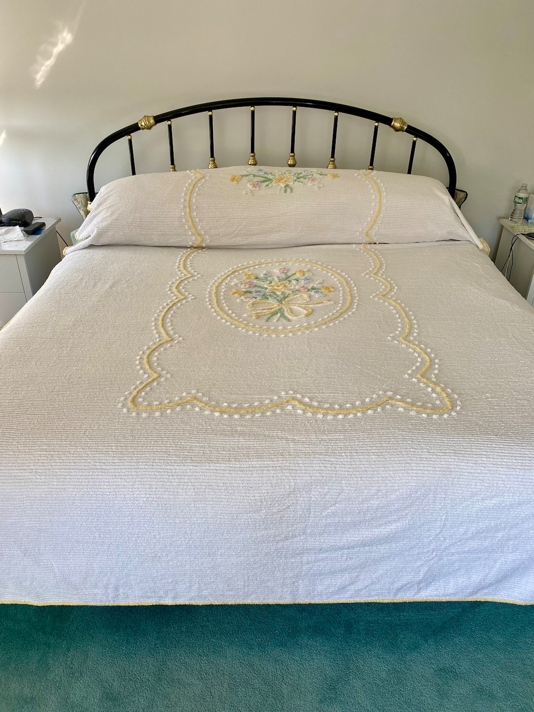 Vintage Retrac Chenille Bedspread: Tranquil Yellow Botanical Double ...