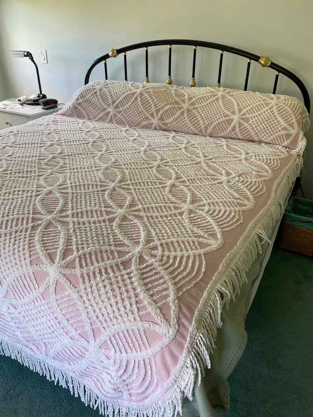 Vintage Chenille Bedspread Pink Penny's Fashion Manor Double Wedding ...