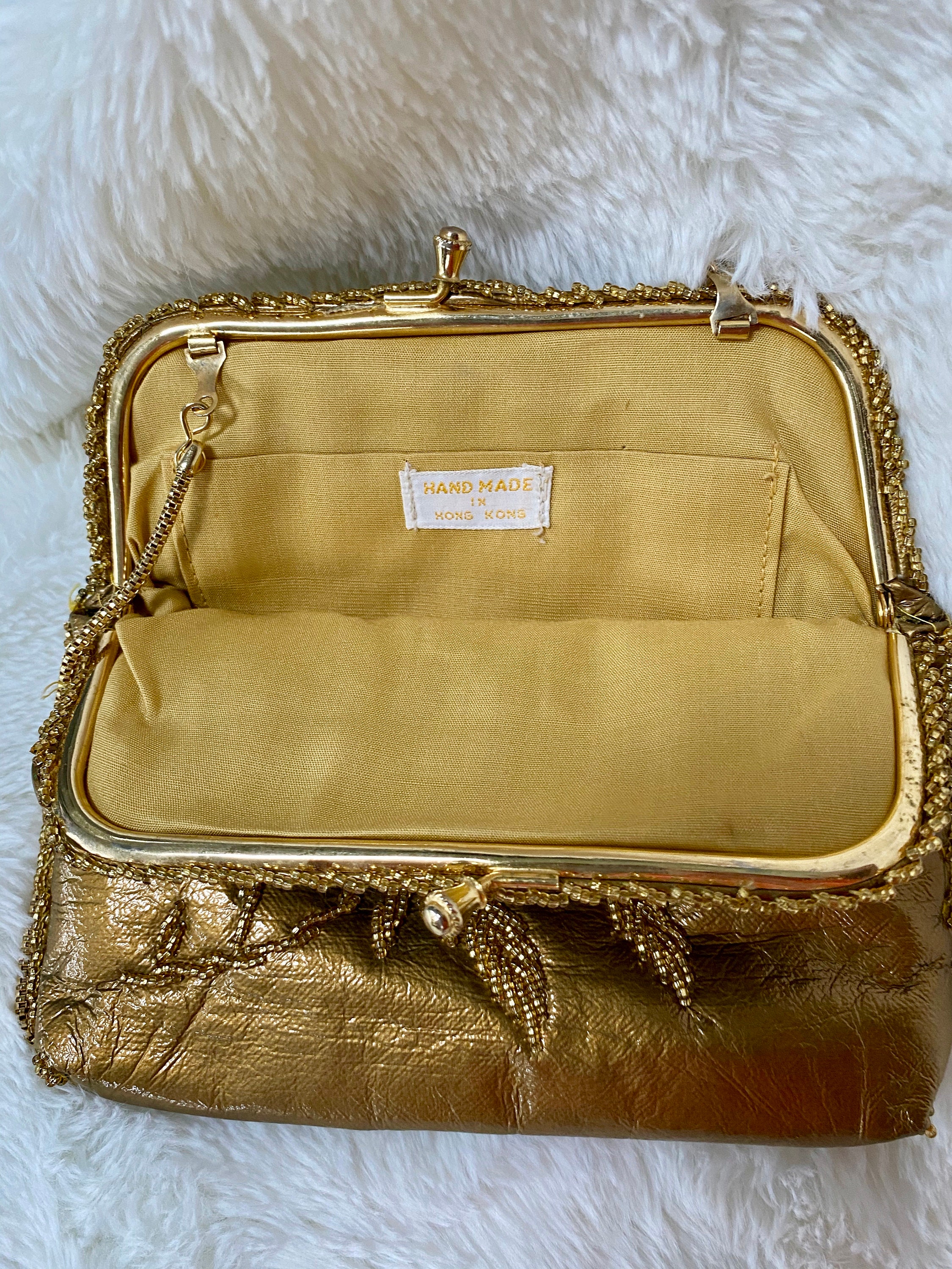 Vintage Gold Leather Purse Clutch Bag Satchel With Gold Beads Made in ...