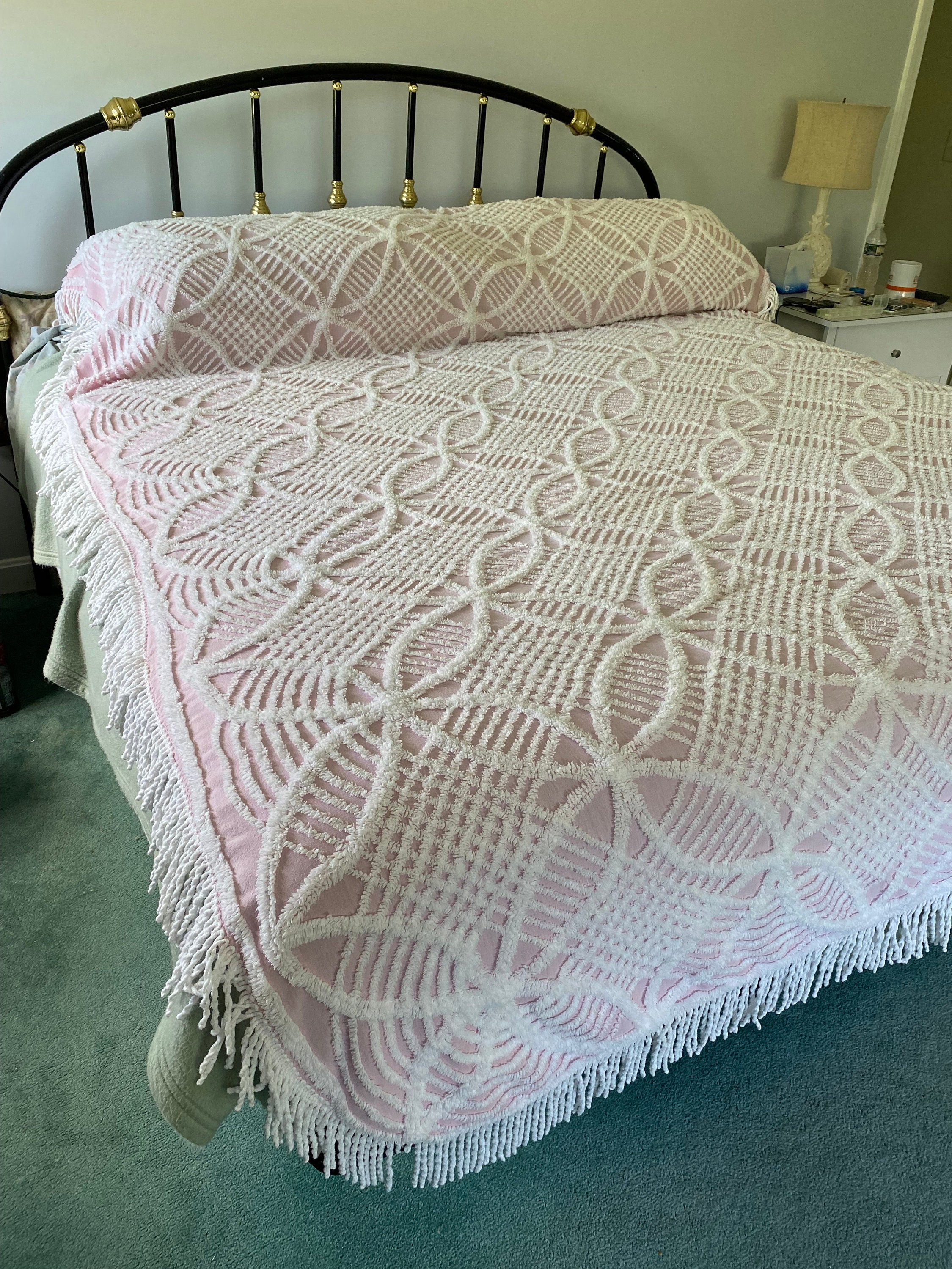 Vintage Chenille Bedspread Pink Penny's Fashion Manor Double Wedding ...
