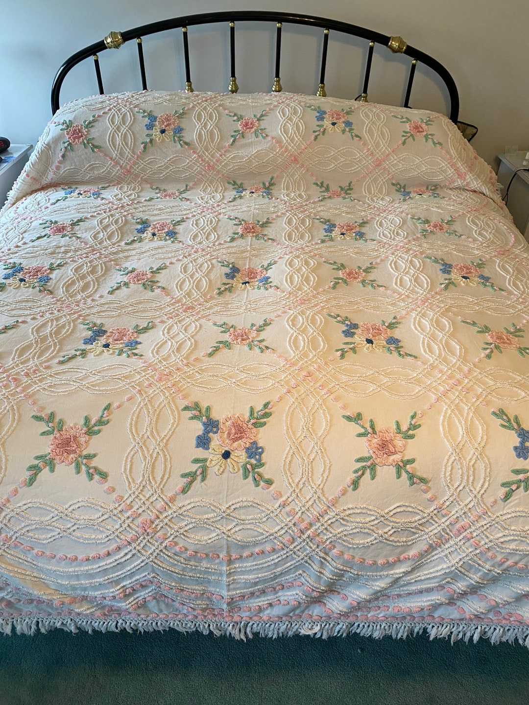 Vintage Pink Cabbage Rose Chenille Bedspread - Cabin Crafts - Etsy