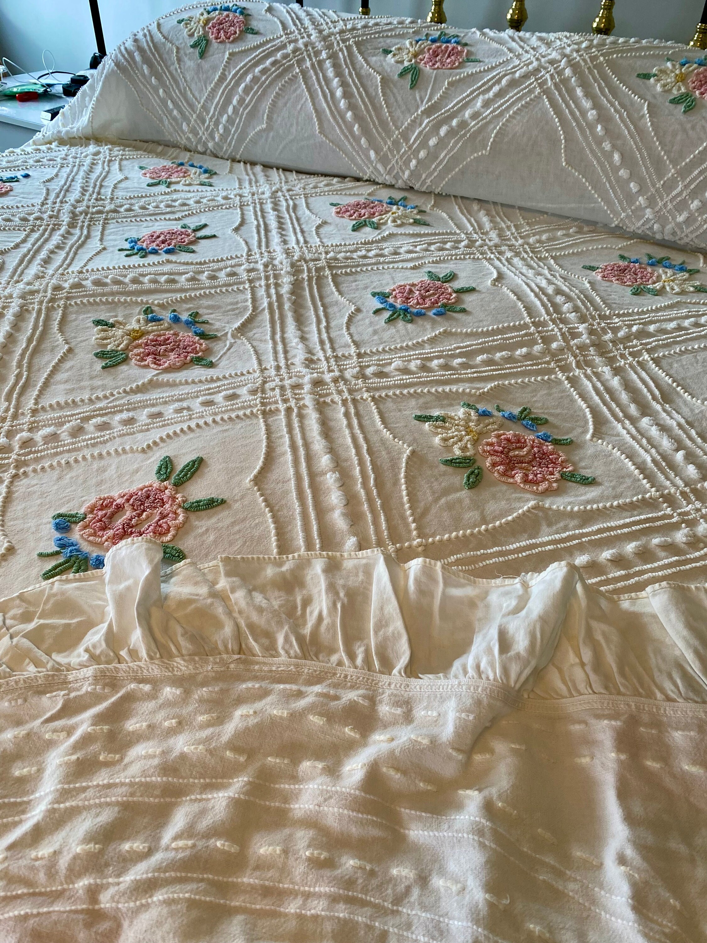 Vintage Chenille Bedspread Cabin Craft Pink Cabbage Rose and - Etsy