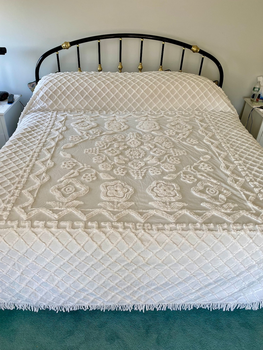 Vintage Chenille Bedspread All White Botanical Floral Basket Chenille Bedspread With 3" Fringe ...