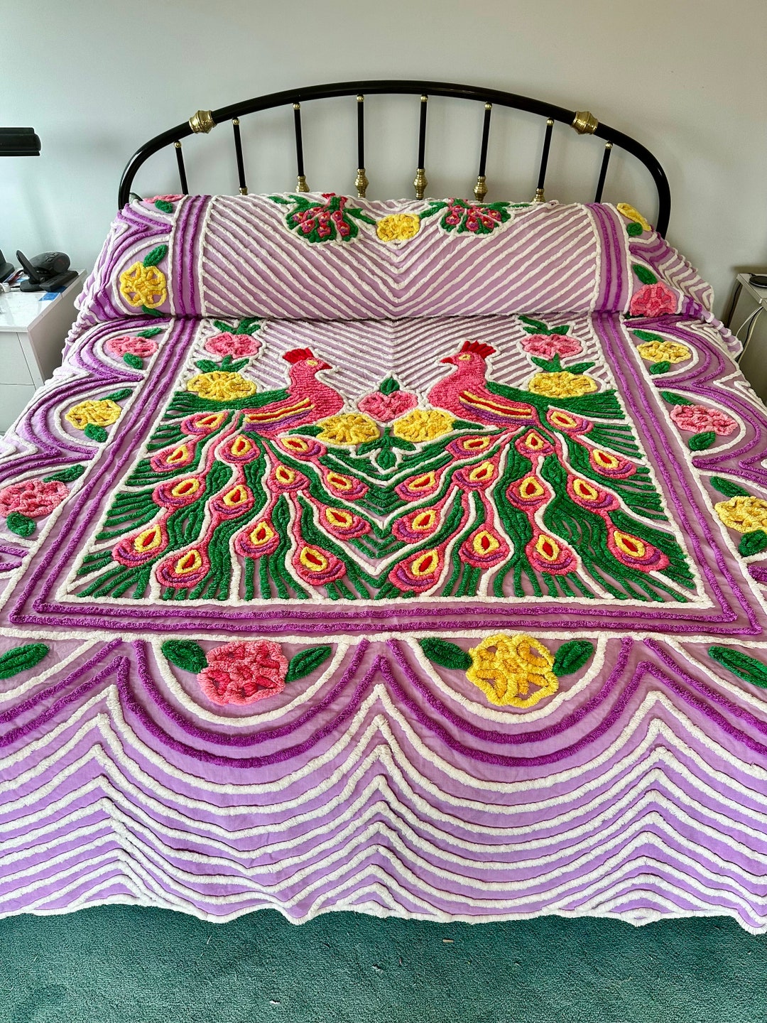 Vintage Red Double Peacocks on Lilac Canvas Chenille Bedspread - Etsy