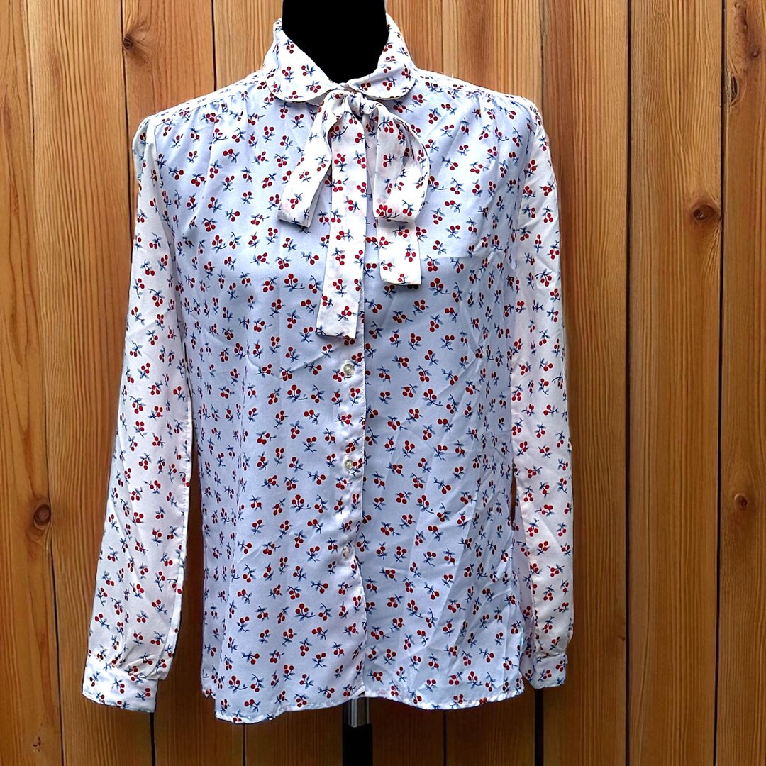 Vintage 70s Cherry Print Blouse: Contrast Sleeves, Tie Neck, Union Made ...