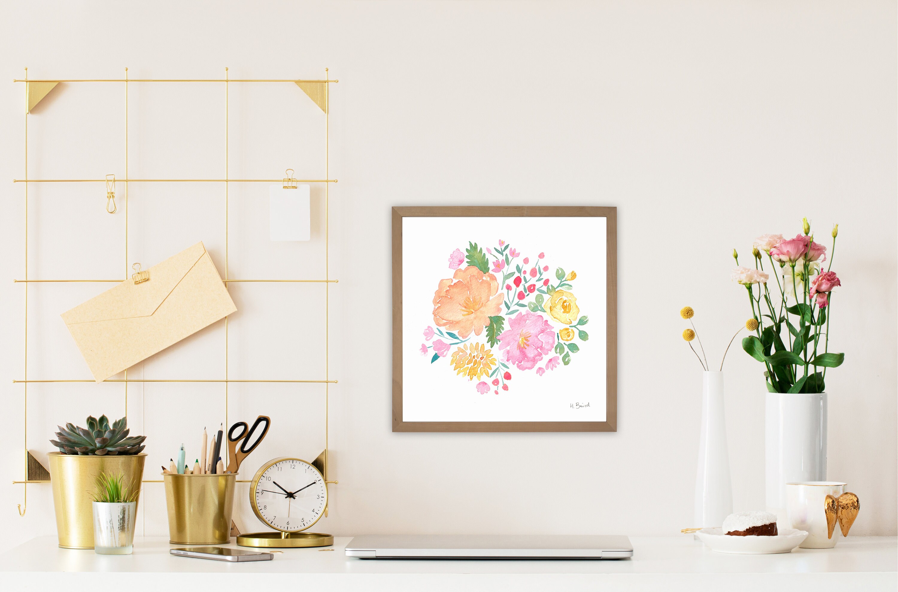 Colorful Watercolor Pink and Orange Flower Bouquet, Floral Bouquet ...