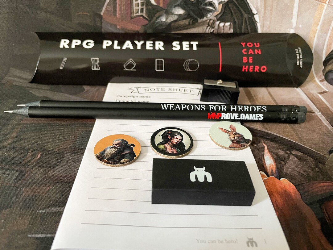 RPG Player Set 2 Pencils, Eraser, Sharpener, Note Sheet and 3 Random ...