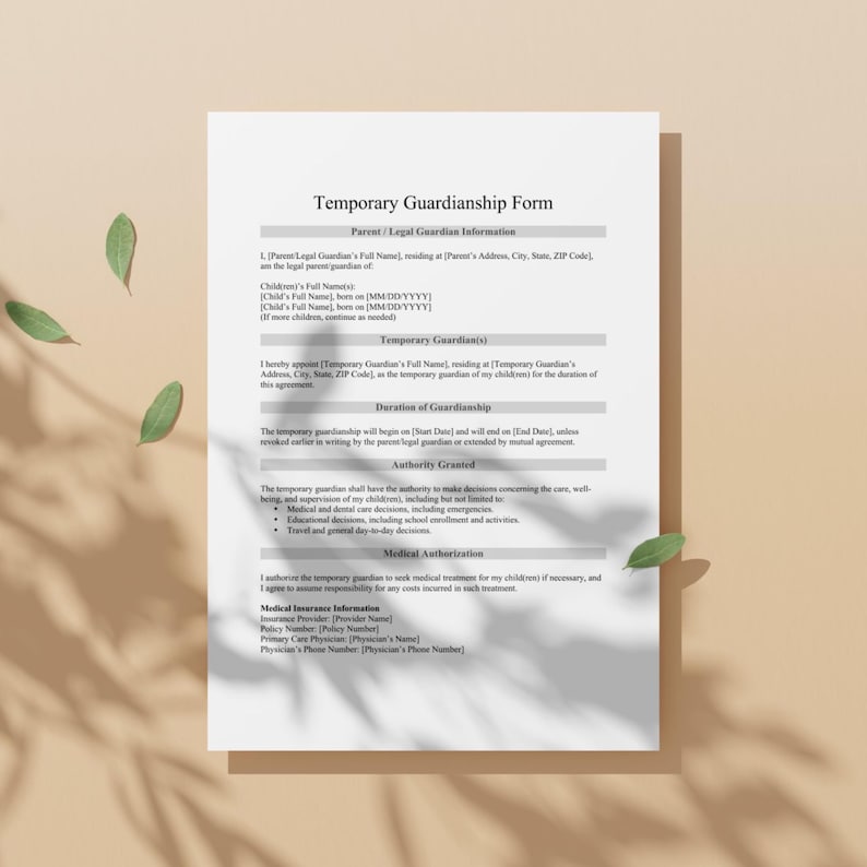 Temporary Guardianship Form | Temporary Custody Agreement | Temporary ...