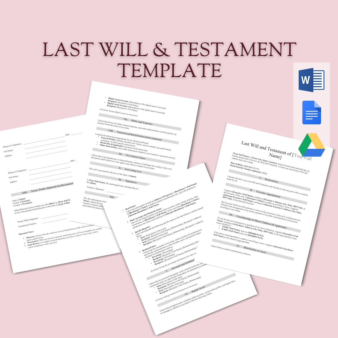 Last Will And Testament Template Estate Planning Form Customizable