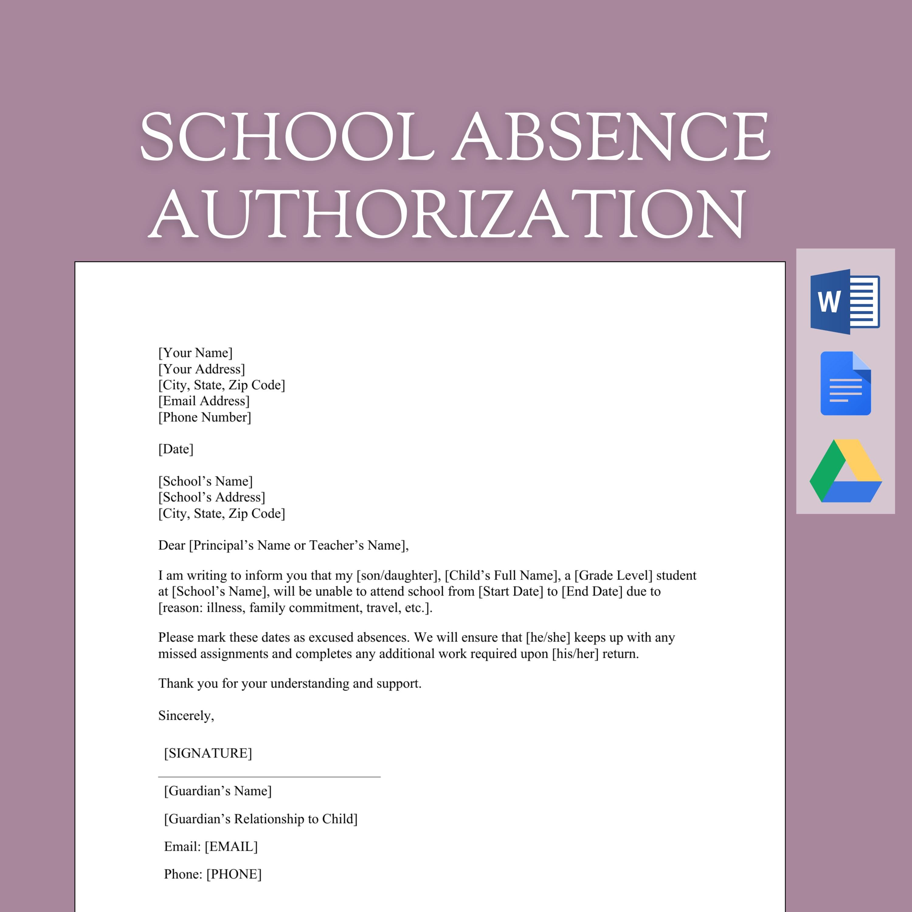 School Absence Authorization Letter Template | Perfect for Parents ...