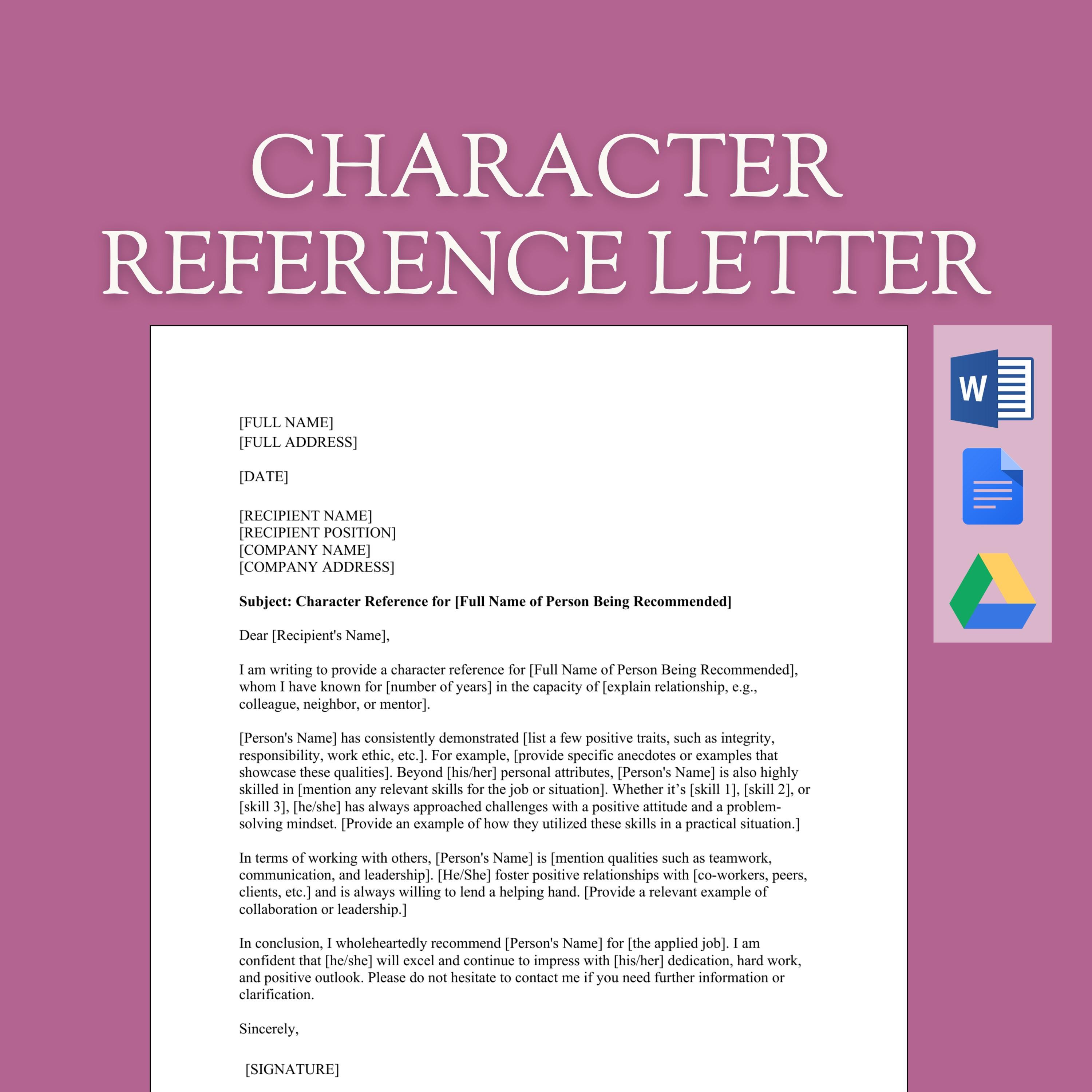 Character Reference Letter Template | Employee Professional Job ...